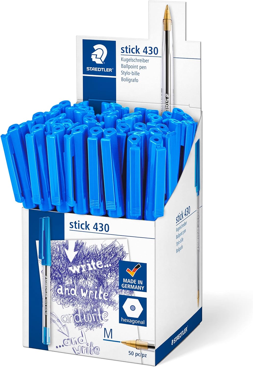 Caja con 50 bolígrafos Staedtler Stick de punta media azul » Michollo.com