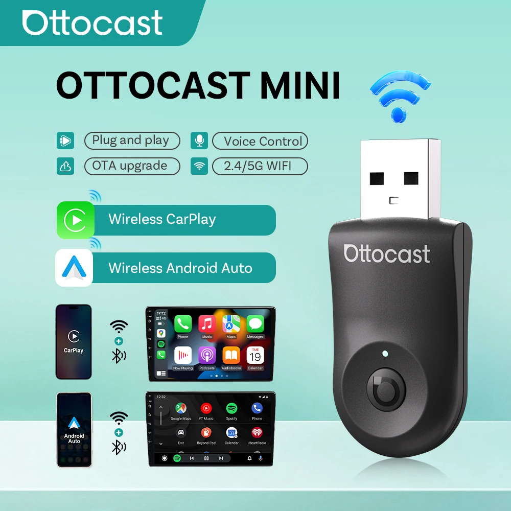 Adaptador Ottocast 2 en 1 (CarPlay/Android Auto) inalámbrico. Plug & Play, conexión USB rápida y ...